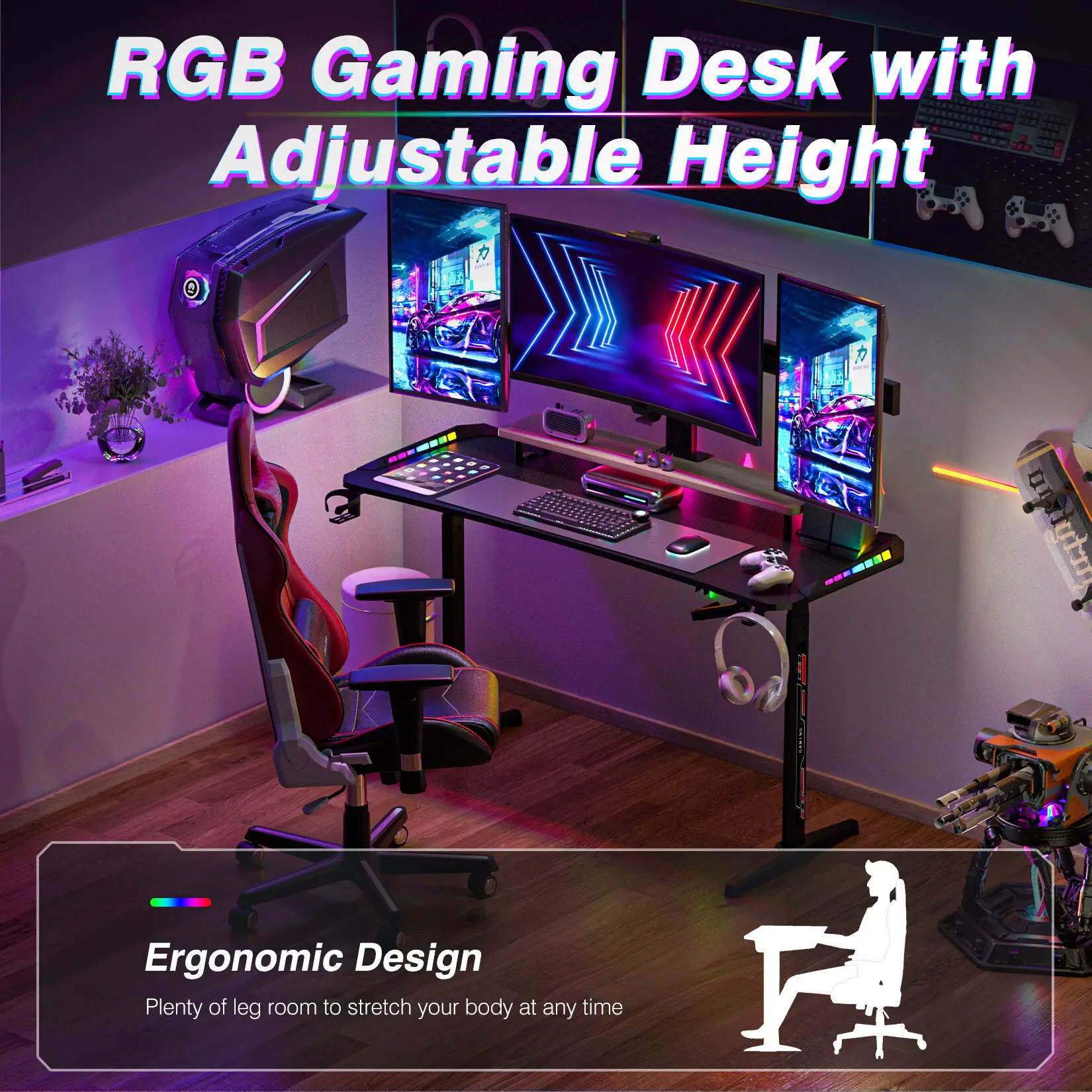 Height-Adjustable-Gaming-Desk-Standing-Desk-Large-Gaming-Computer-Desk ...