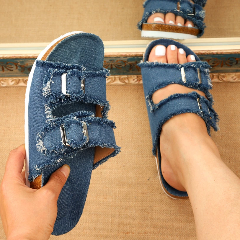 Denim Slippers Women Buckled Fringe Hem Double Strap Comfortable ...