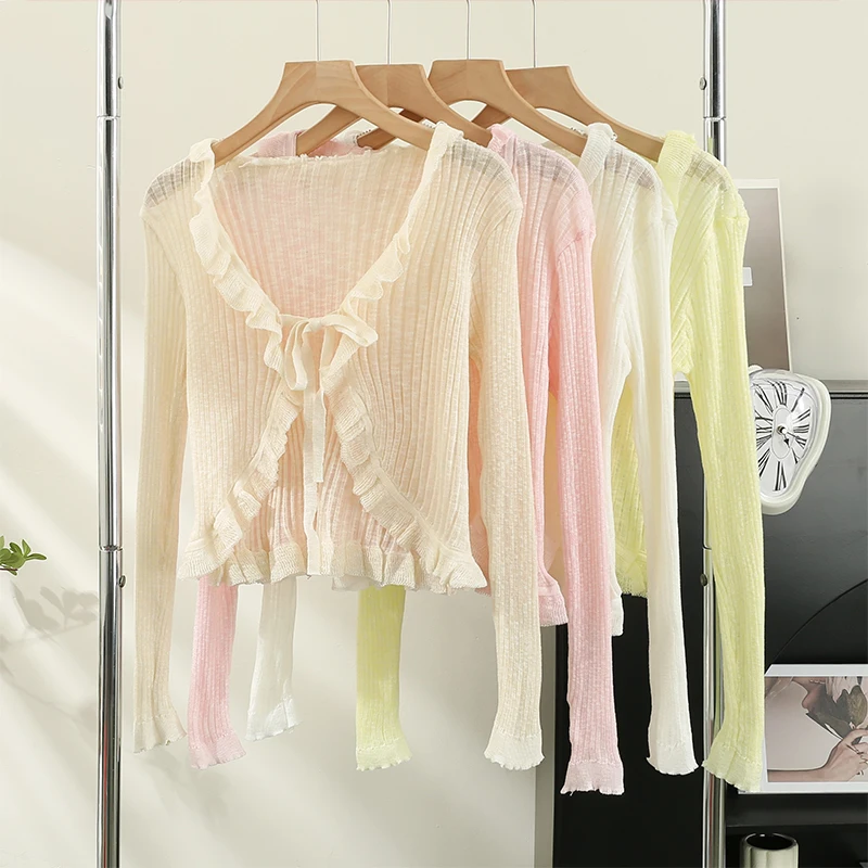 Summer-Ruffles-Cardigan-Slim-Women-Casual-Transparent-Sweater-Shirts ...