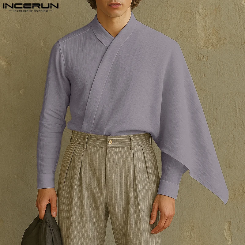 INCERUN Men Shirt Solid Color V Neck Long Sleeve Loose Irregular Shirts ...