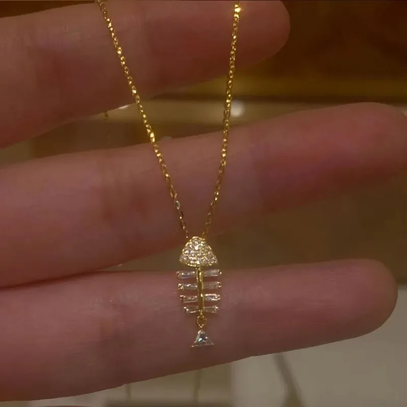 Shining-Rhinestone-Fish-Bone-Clavicle-Necklace-for-Women-Girls-Glden ...