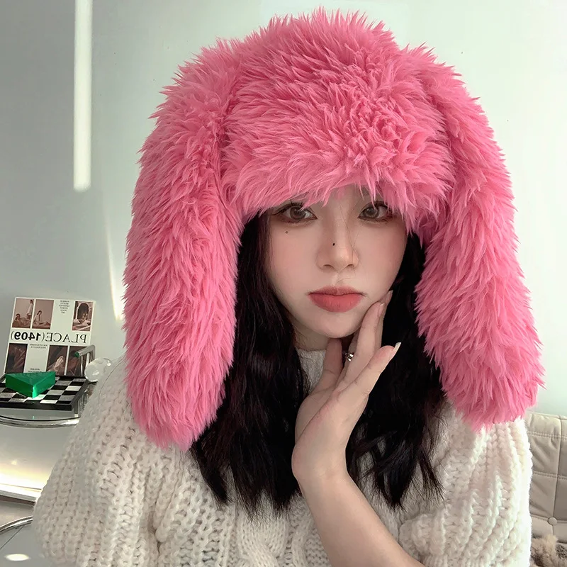 Y2k-gorros-de-felpa-con-Orejas-de-conejo-para-mujer-gorro-de-invierno ...