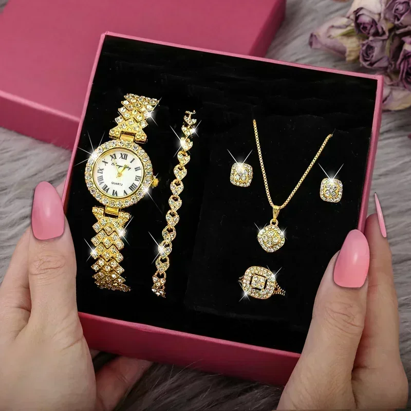 Fashion-Luxury-Full-Crystal-5-Pcs-Watch-Necklace-Earrings-Ring-Set-for ...
