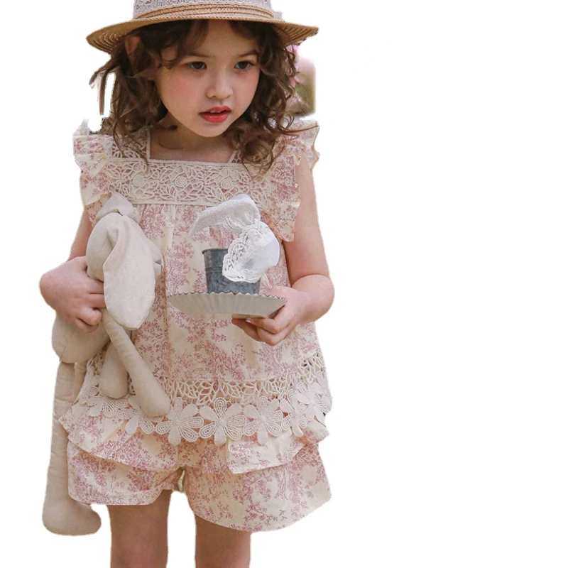 2pcs Girls Summer Clothing Sets Floral Lace Suit Baby Casual Sleeveless ...