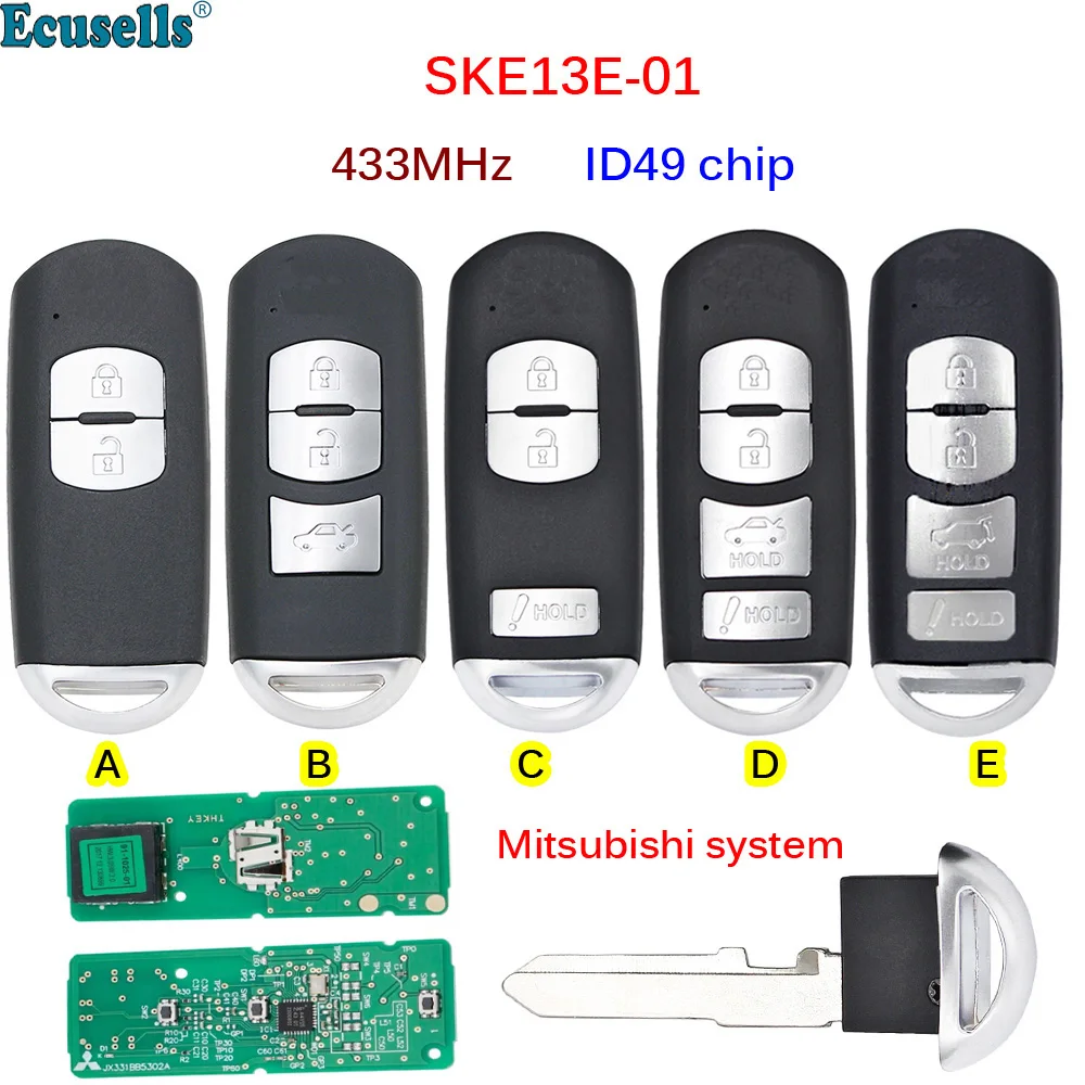 2/3/4 Button Smart Card Remote Key Fob 433mhz Id49 Chip For Mazda 2 3 6 ...