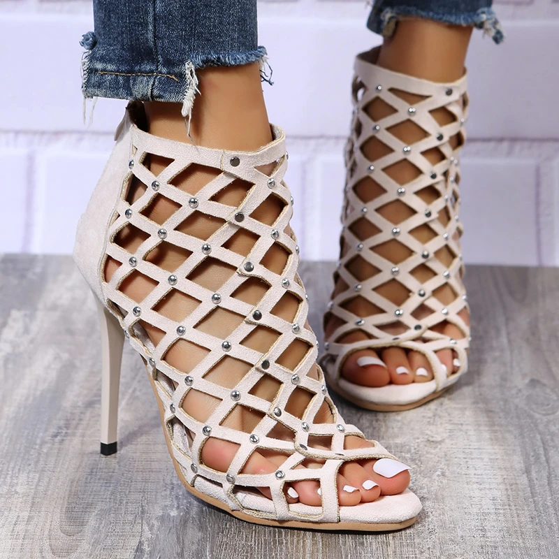 2024-Fishnet-Sandals-Ladies-Summer-Simplicity-Hollow-Rivet-Stiletto ...