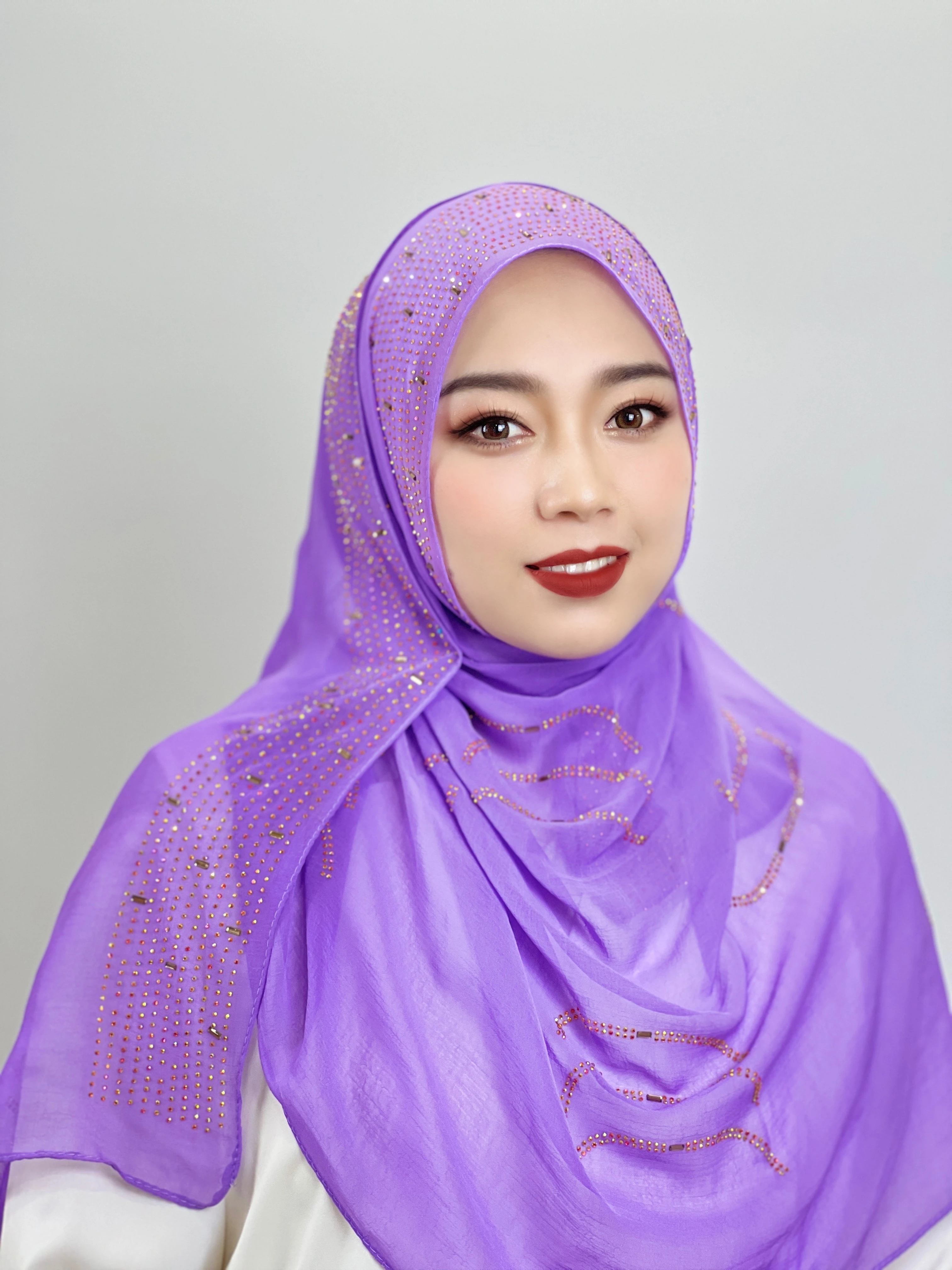Muslim Purple Cotton Hijab Diamond Solid Color Women's Scarf Soft Solid ...