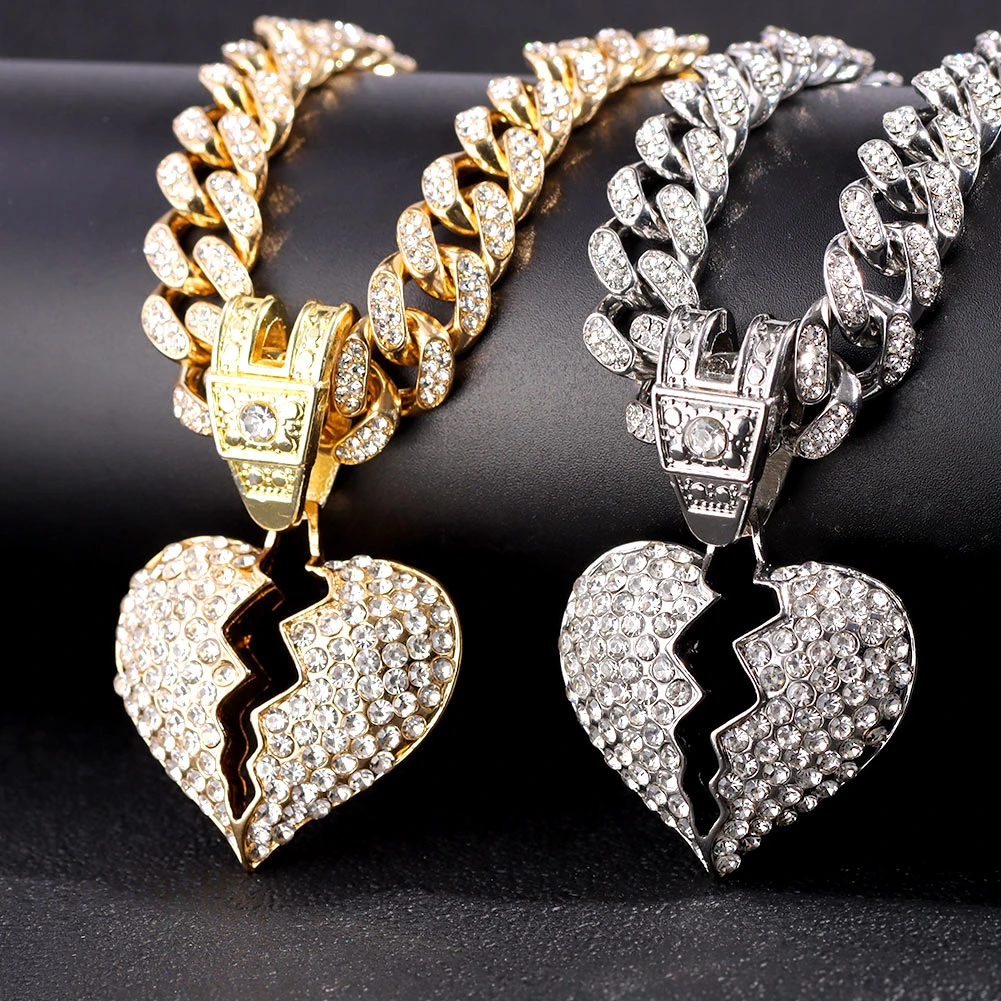 Fashion Broken Heart Pendant Necklaces Women Men Iced Out Bling ...