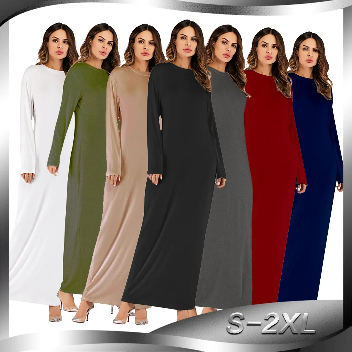 Hot Selling Arabic Solid Color Modale Cotton Long Sleeve Dress Women's ...