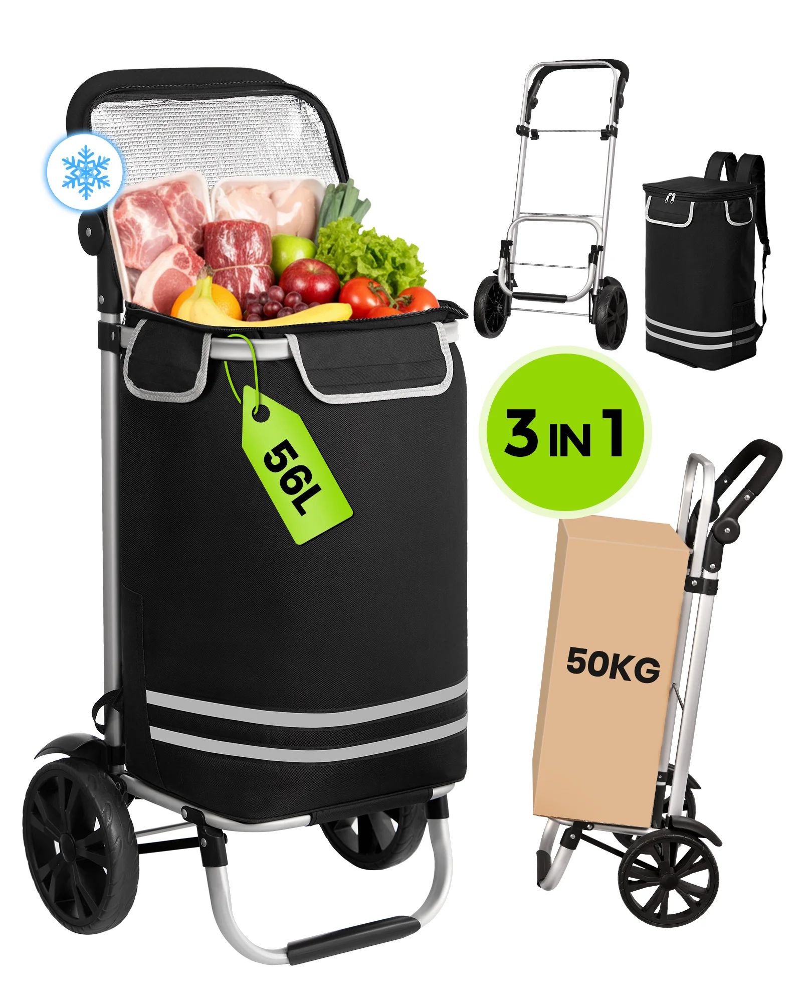 Oak & Tea 3-in-1 Folding Shopping Trolley-Lightweight & Robust (50kg ...