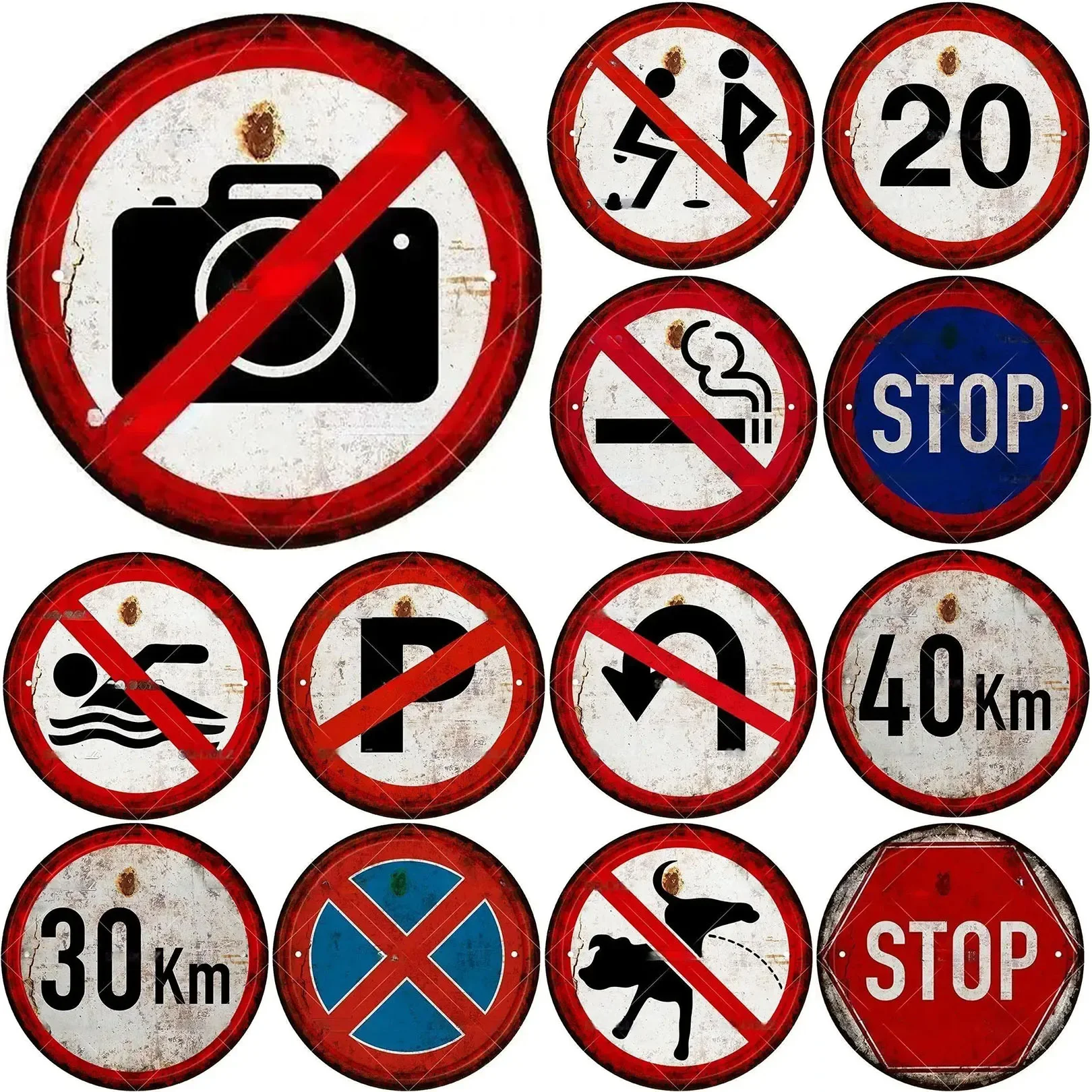 Warning Round Retro Metal Tin Signs Stop Nostalgic Iron Painting ...