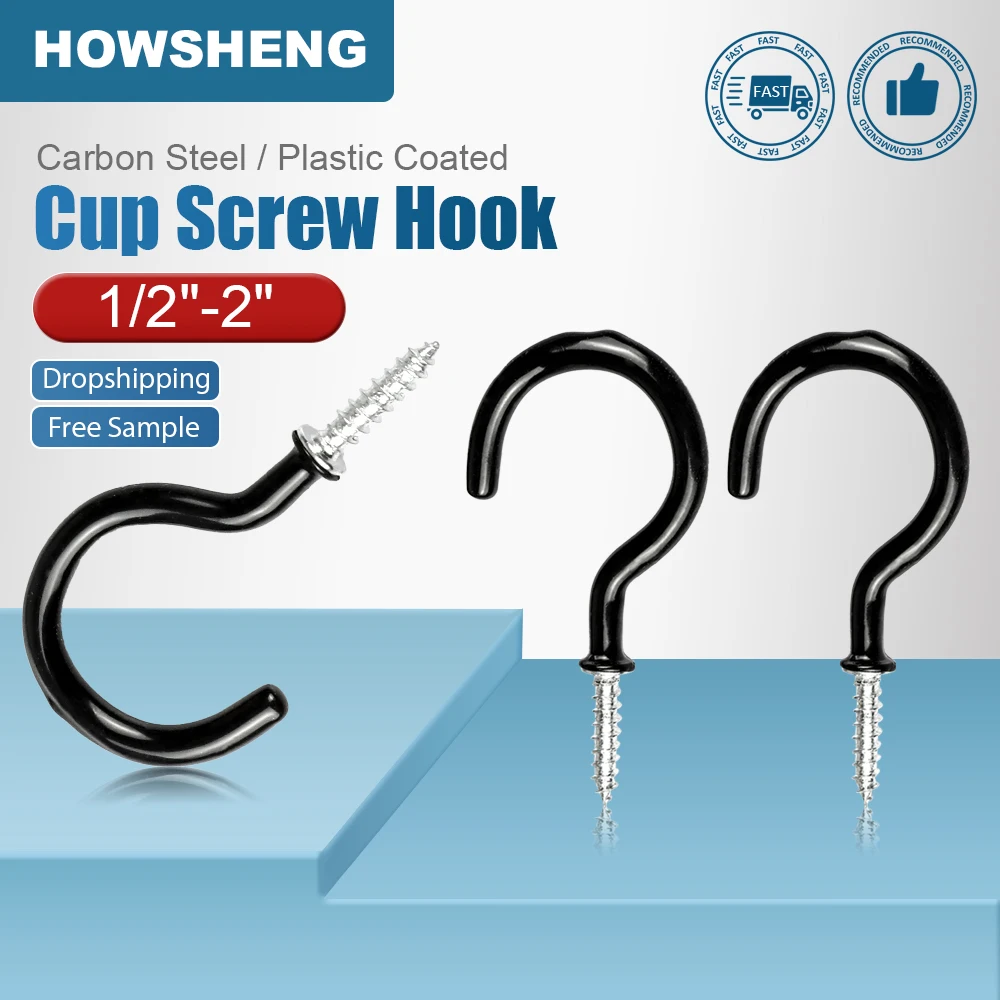 HOWSHENG 10-30pcs Cup Screw Hook 1/2"~2" Black Plastic Coated Self ...