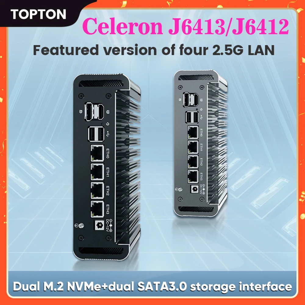 12th Gen Intel Celeron J6413 J6412 Fanless Soft Router 4x i226 V 2.5G LAN 2*NVMe Firewall Mini ...