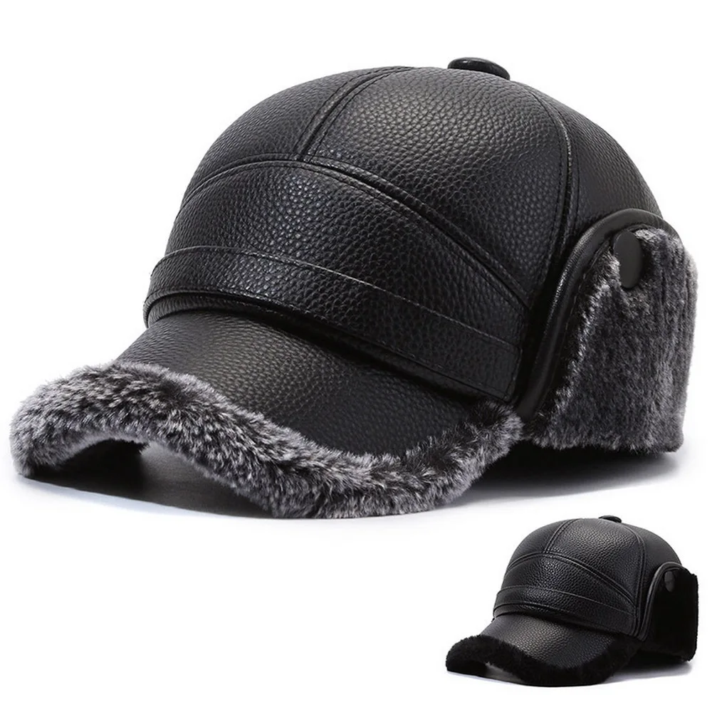 Winter-Men-Baseball-Caps-Dome-Earflaps-Hats-Pu-Material-58cm-Ear-And ...