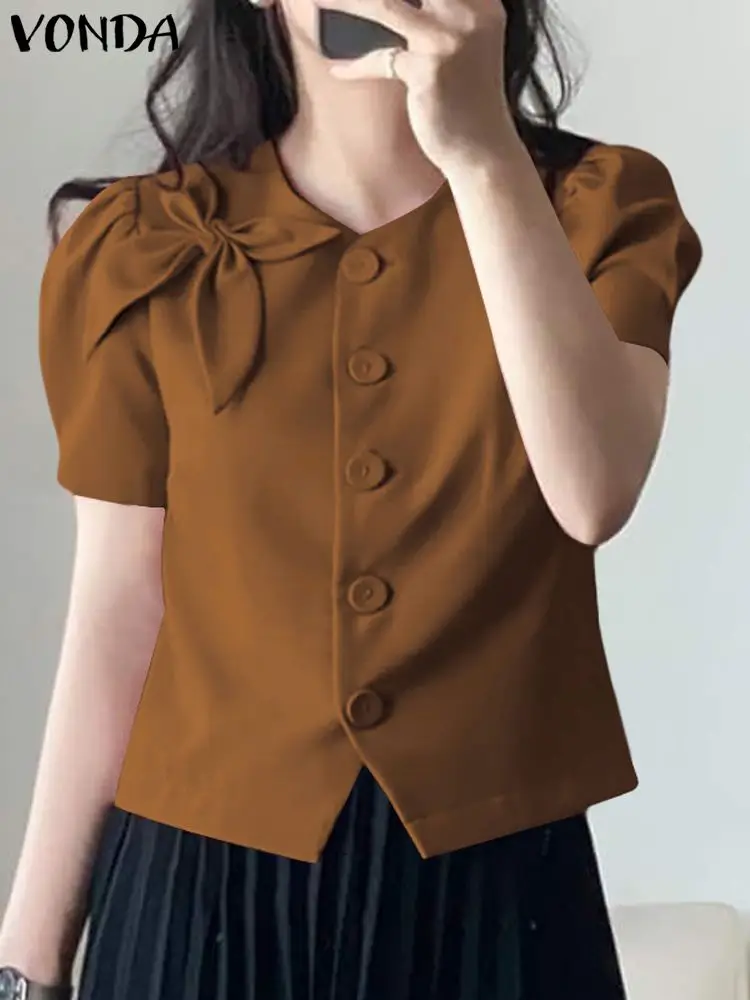 VONDA Elegant Bow Blouses Women Shirts 2024 Summer Fashion Short Sleeve ...