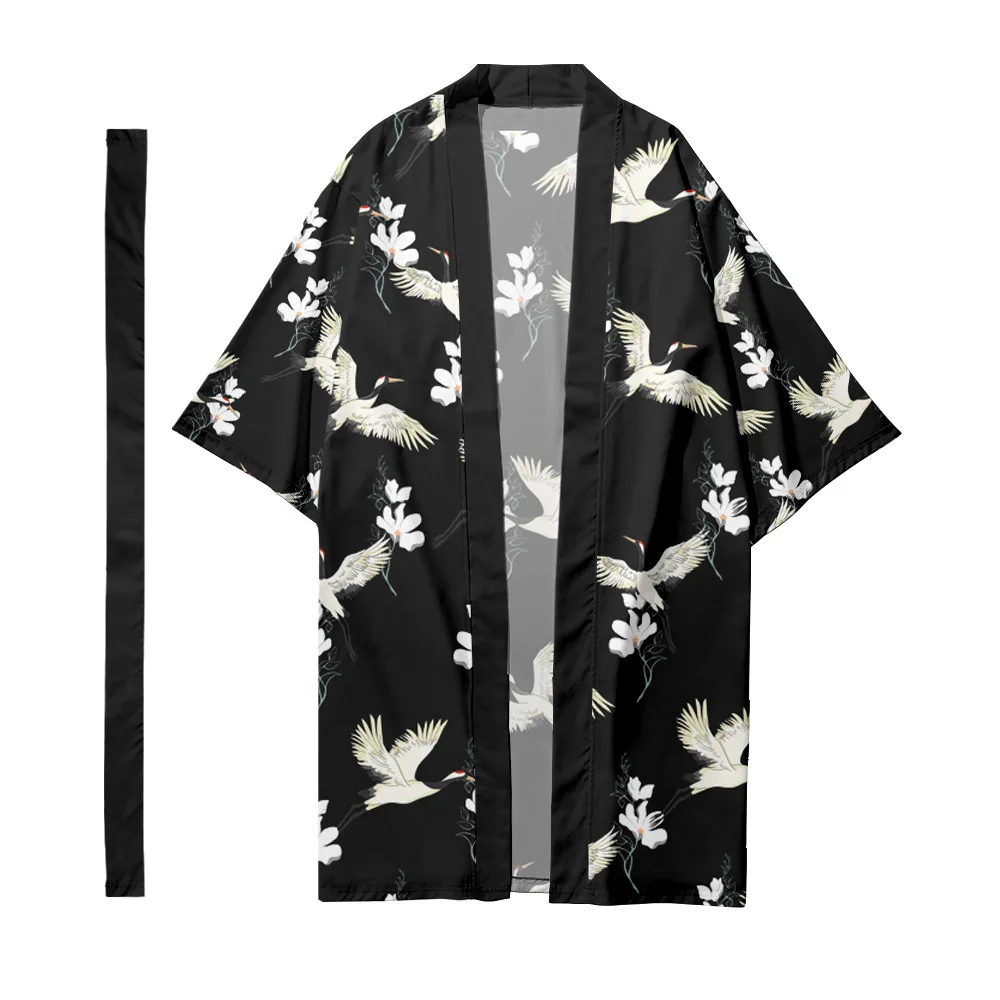 Men's Japanese Long Kimono Cardigan Men's Samurai Costume Kimono Crane ...