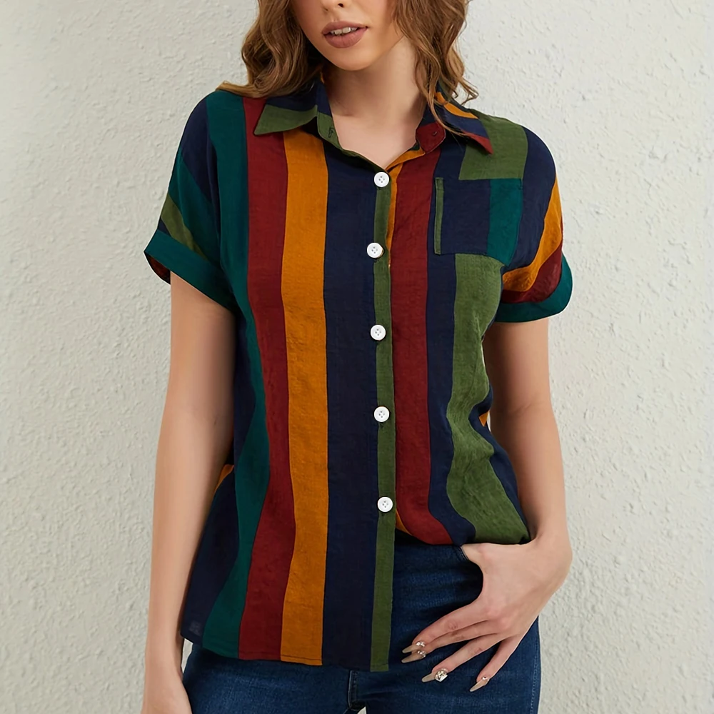 Summer Women'S Shirt Vintage Striped Lapel Shirt Women'S Plus-Size ...