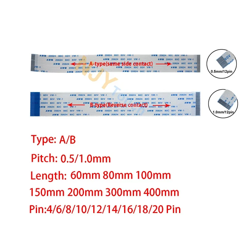 4/6/8/10/12/14/16/18/20Pin FFC FPC AWM 20624 80C 60V VW-1 0.5mm 1.0mm ...