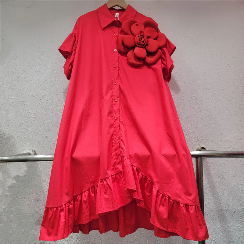 YEAE Women's Dress 3d Flowers Short Sleeve Single Breasted Patchwork ...