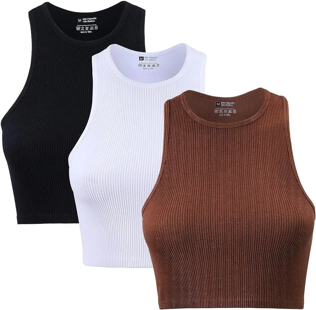 3 Pieces Women's Seamless Ribbed Crop Tank Top Crew Neck Basic Solid ...