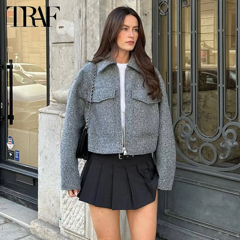 TRAF-Tweed-Cropped-Jackets-for-Women-Zip-Bomber-Jacket-Woman-Long ...