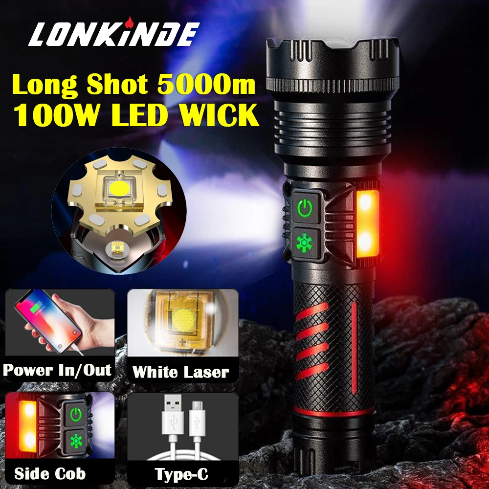 Super-Power-LED-Flashlight-Torch-with-100W-Wick-and-Double-Side-Lights ...