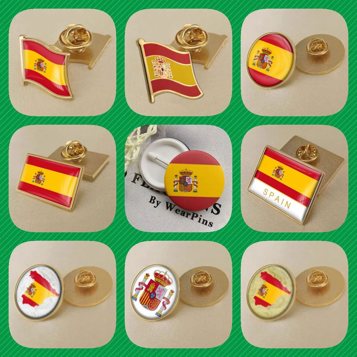 Spain-Spanish-Map-Flag-National-Emblem-National-Flower-Brooches-Badges ...
