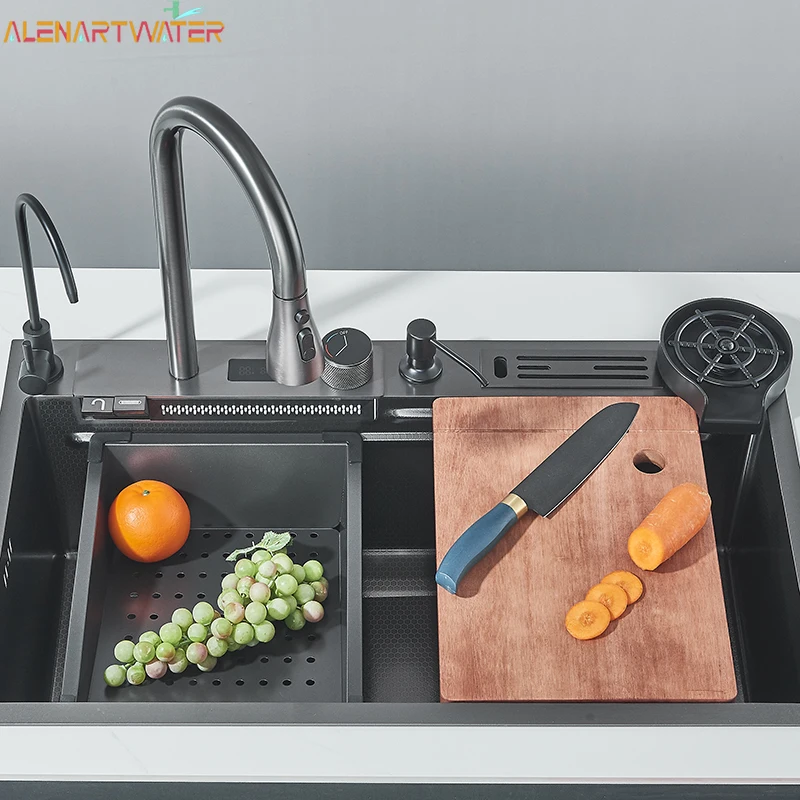 Stainless-Steel-Kitchen-Waterfall-Sink-Digital-Display-Large-Single ...