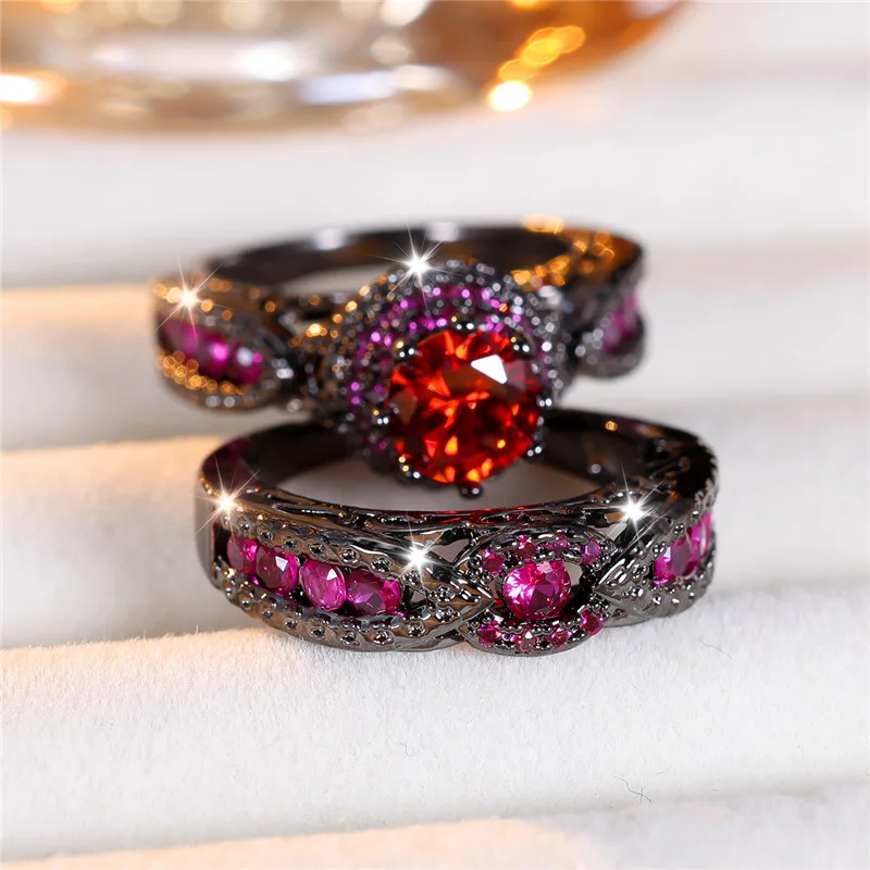 Luxury Female Crystal Rose Red Round Zircon Stone Engagement Ring Set ...