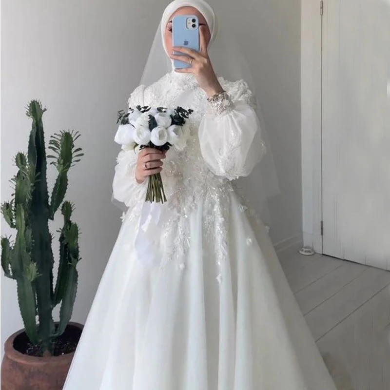 Muslim White Wedding Dresses for Hijab Bride Long Puff Sleeves A Line ...
