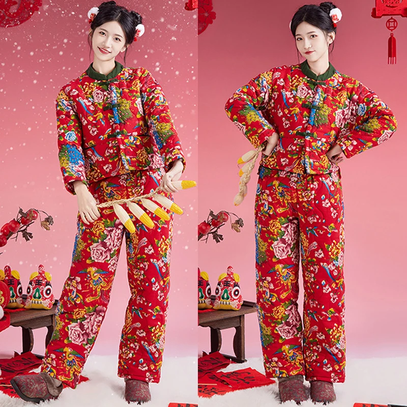 Chinese-New-Year-Winter-Northeast-Print-Flower-2PCS-Clothes-Ethnic ...