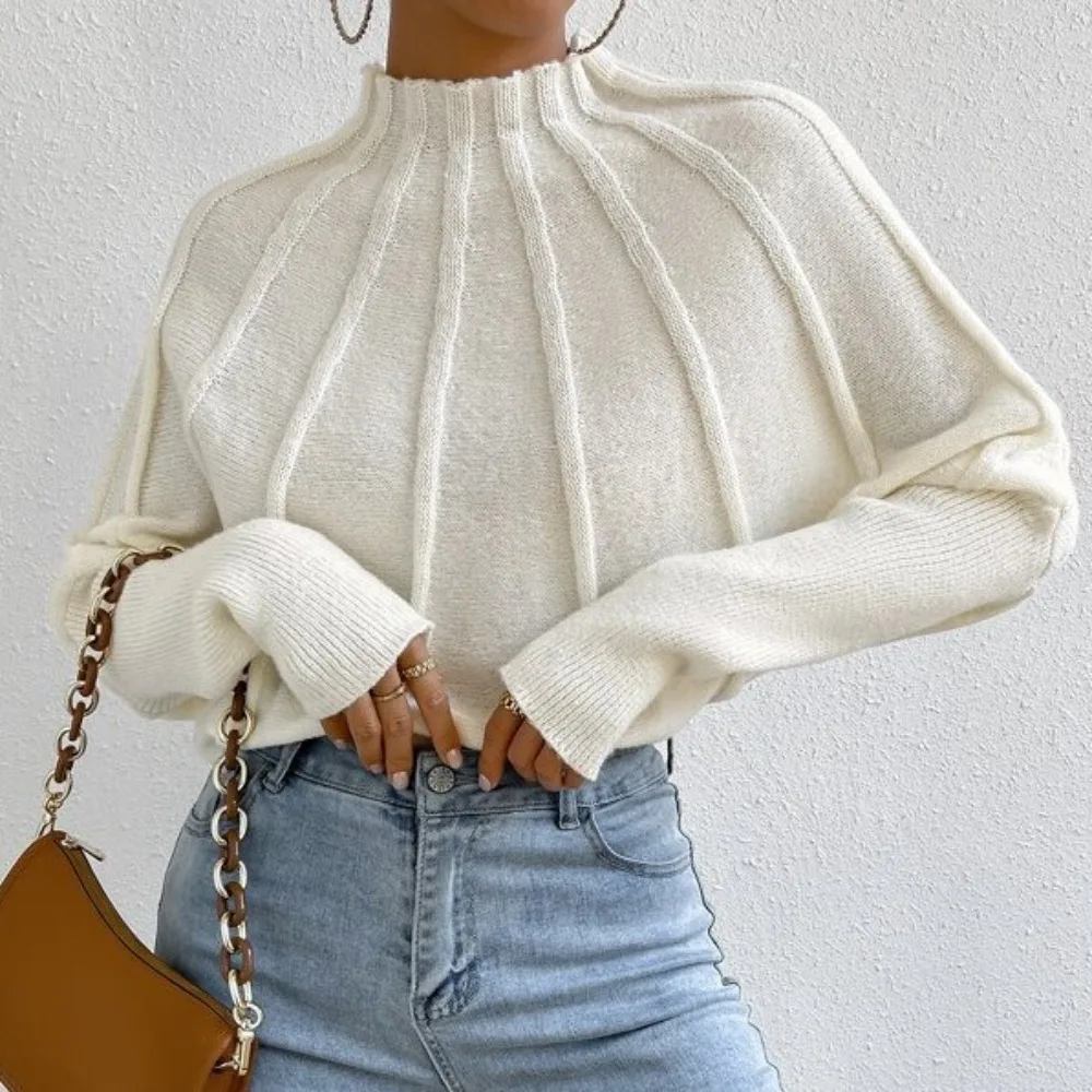 Half High Neck Solid Color Versatile Knitted Bat Sleeve Sweater for ...