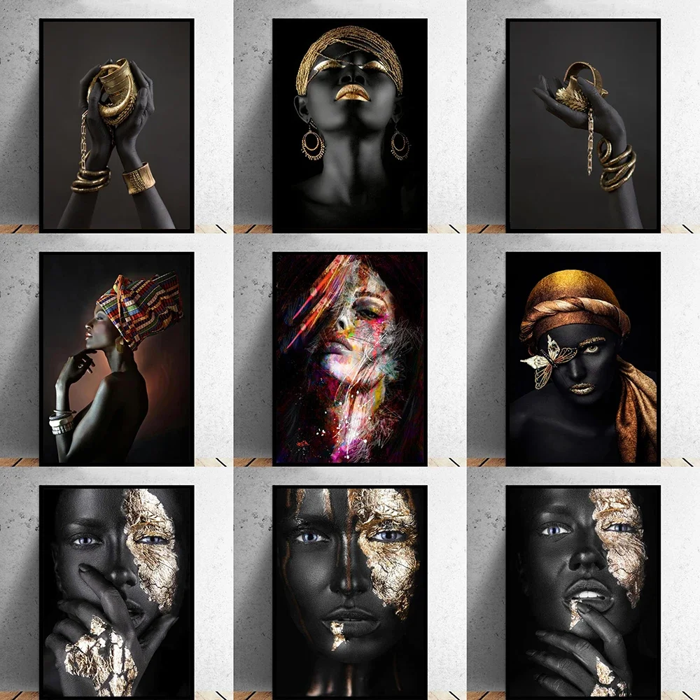 African-Classic-Wall-Art-Black-and-Gold-Women-Portrait-HD-Canvas ...