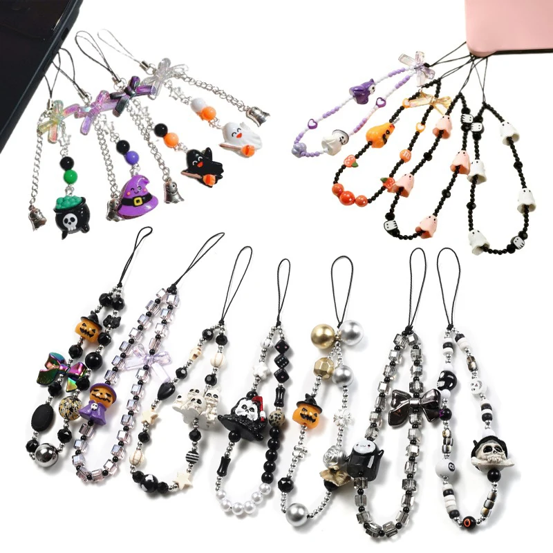 Halloween-Bowknot-Ghost-Pendant-Pearl-Beads-Phone-Lanyard-Girls-Phone ...