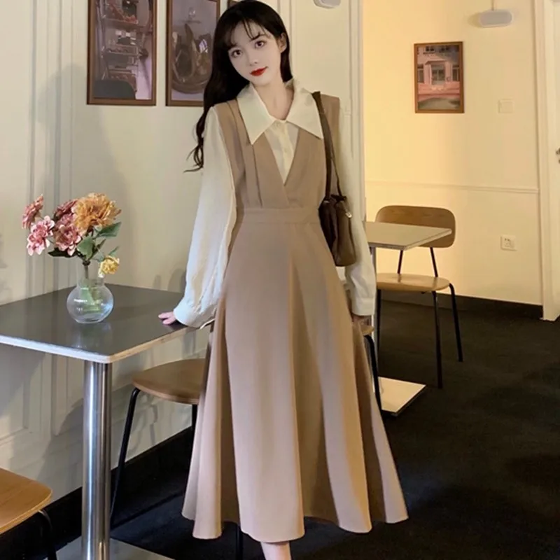 프랑스어 스타일 대형 서양 슬리밍 햅번 스타일 드레스 여성 봄과 가을 뚱뚱한 소녀 긴팔 셔츠 서스펜더 드레스 투피스 양복