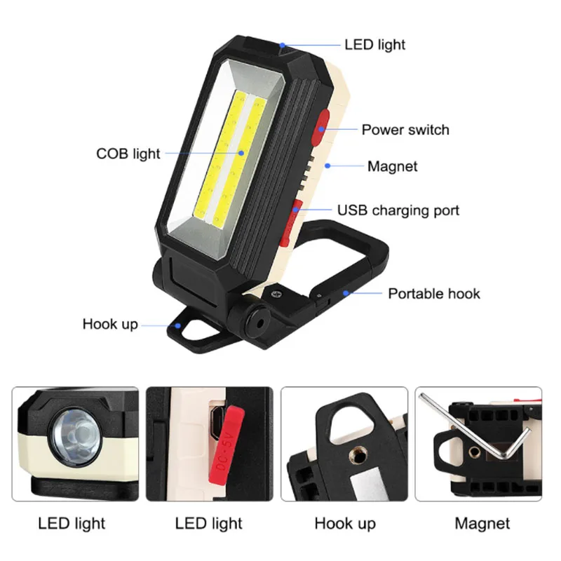 USB 충전식 T6 사이드 COB 눈부심 손전등, LED 작업, 자동 수리 램프 다기능, 강력한 - 티몬