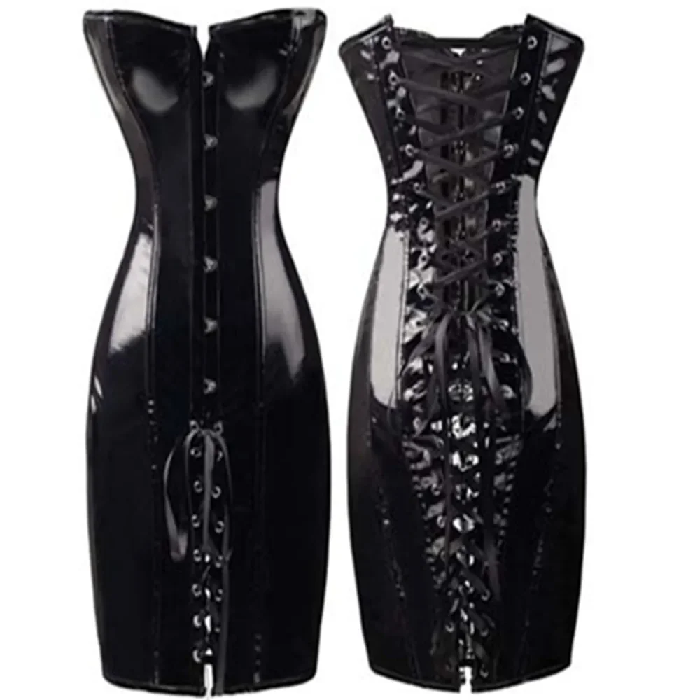 PVC Leather Corset Dress Sexy Women Gothic Punk Long Strapless Torso ...