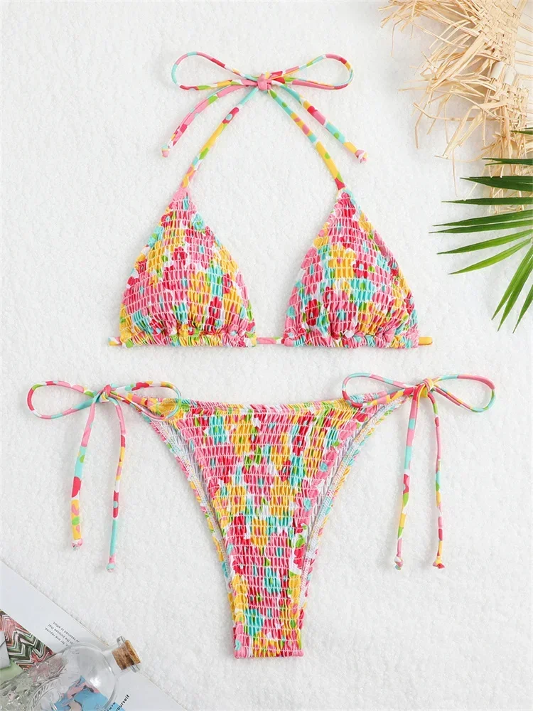 Sexy Micro Bikini 2025 Women Pink Floral Print Pleate Tie Side Triangle ...