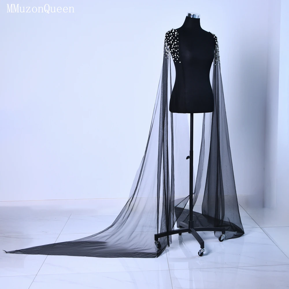 MMQ-MG42-Black-Bridal-Bolero-With-Pearl-Tulle-Robe-Bridal-Cape-Dresses ...