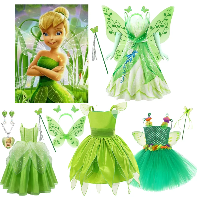 Disney Tinker Bell Girls Green Fairy Tutu Dress with Butterf Wing Elf ...