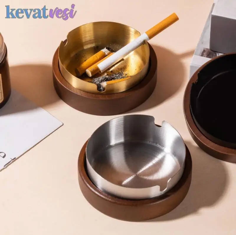 Stainless-Steel-Liner-Ashtrays-with-Lid-Round-Walnut-Wood-Ashtrays-for ...