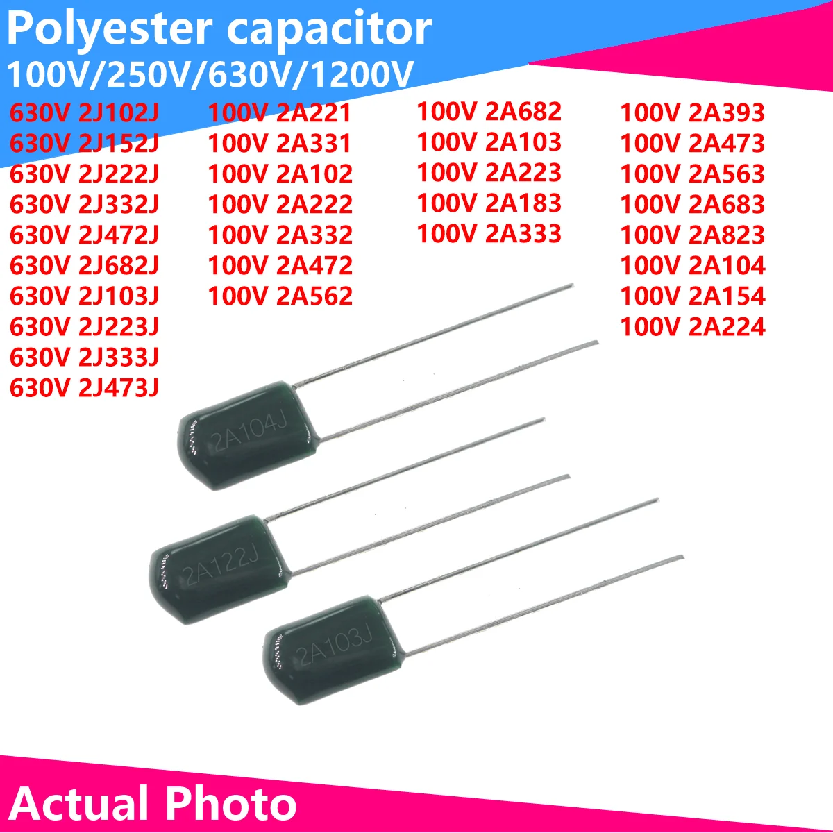 Polyester-capacitor-630V-100V-2A221-2A331J-2A102-2A222-2A332-2J102 ...