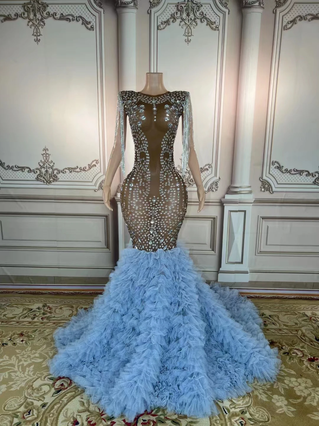 Sexy-Stage-Wear-Black-Mesh-Perspective-Sparkle-Crystals-Net-Long-Train ...