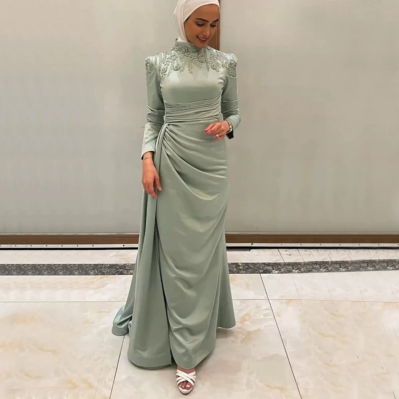 Sage-Muslim-Mermaid-Evening-Dresses-for-Women-High-Collar-Long-Sleeve ...