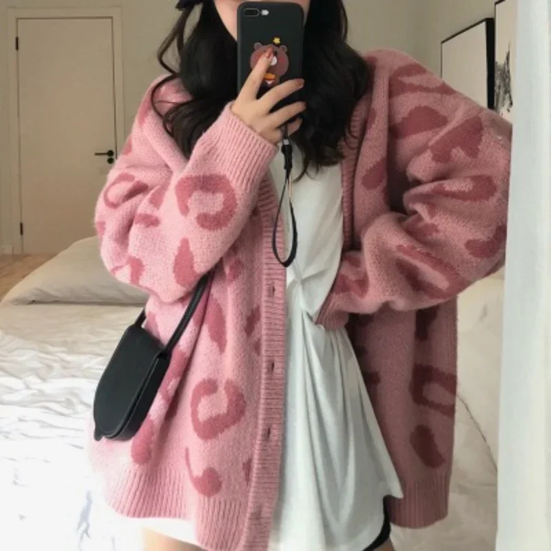 Pink V-neck leopard print sweater women's autumn Korean version loose ...