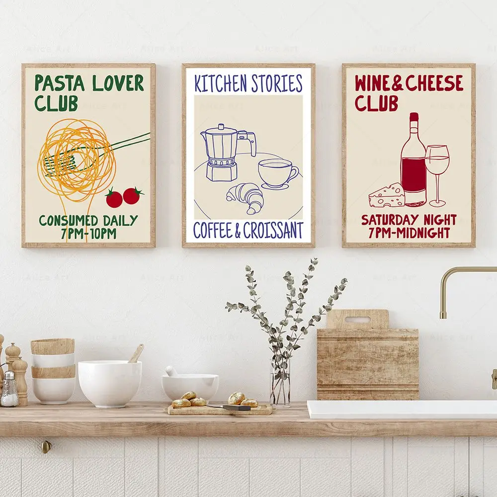 Line-Drawn-Wine-Coffee-Pot-Pasta-Food-Print-Drink-Poster-Wall-Art ...