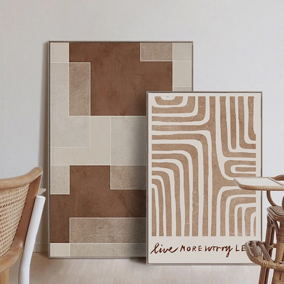 Obra-de-arte-Beige-geom-trica-abstracta-l-nea-marr-n-pintura-en-lienzo ...