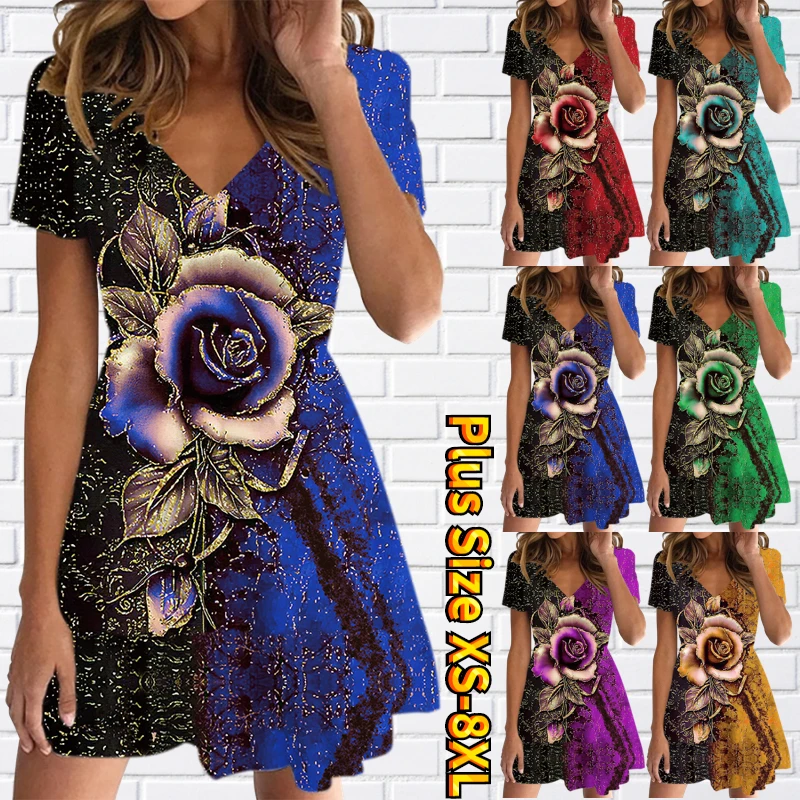 Women-s-Dress-Champagne-Fine-Flash-Rose-Print-Short-Sleeve-Summer-Dress ...