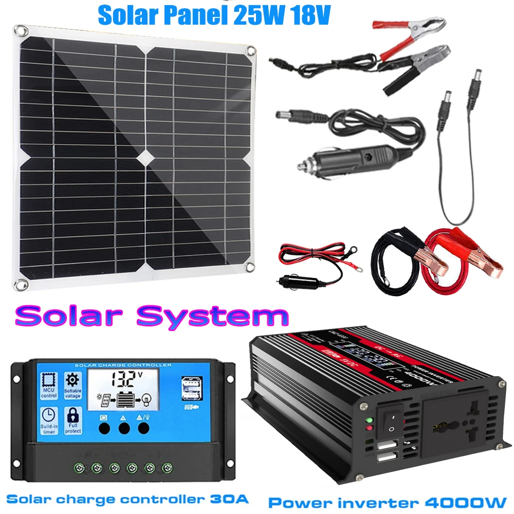 110V/220V Solar Panel System 18V25W Solar Panel 30A Charge Controller ...