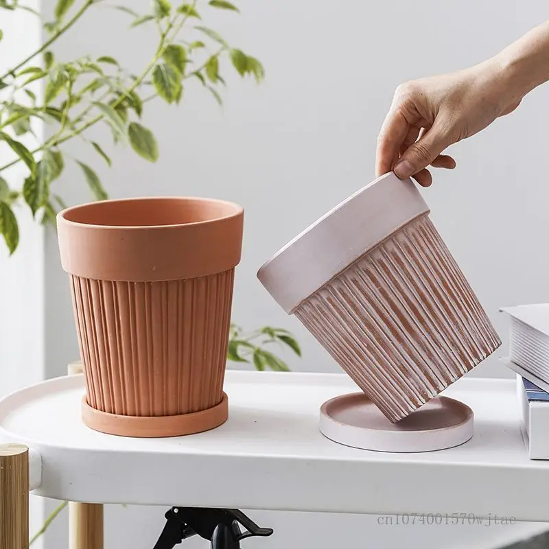 White-Vertical-Stripe-Coarse-Clay-Flower-Pot-Creative-Planter-with-Tray ...